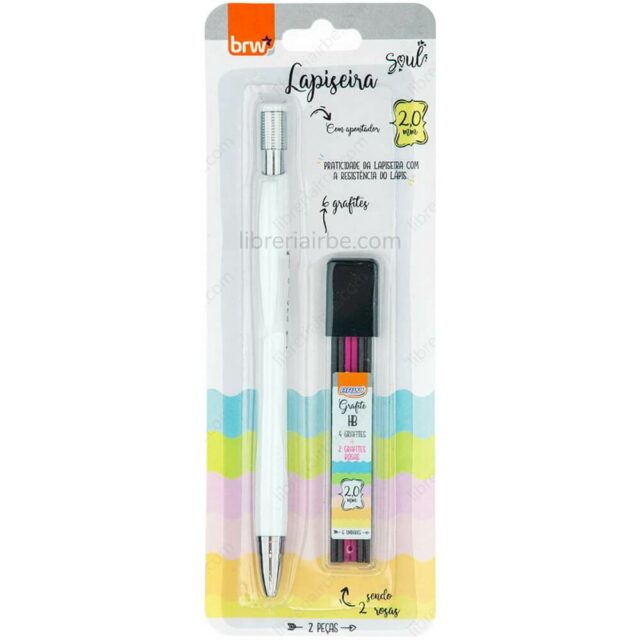 Portaminas de 2.0 mm BRW Soul - Blanco + Caja de 6 Minas (4 Negro, 2 Rosa) - Librería IRBE Bolivia