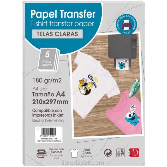 Papel Transfer para Telas Claras, Tamaño A4, para Imprimir, 180 g/m², Paquete de 5 Hojas ...